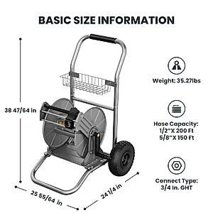Giraffe Tools Garden Hose Reel Cart with Wheels, Heavy Duty Metal Water Hose Reel Cart, 200 ft of 1/2 Capacity, Mobile Hose Reel Cart for Outside