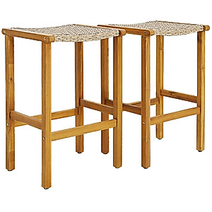 COSTWAY Outdoor Bar Stools Set of 2, 30-inch Height Backless Bar Chairs with Acacia Wood Frame, PE Wicker Saddle Seat, Footrest, Patio 2-Pack Bar High Stools for Garden Porch Poolside Backyard