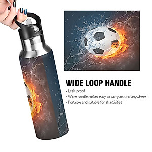 Kcldeci Soccer Ball in Fire and Water Sports Water Bottle 20 Oz Straw Lid Leak Proof Vacuum Insulated Stainless Steel Water Bottles Hot Cold Double Walled Thermo Mug Tumbler Travel Cup