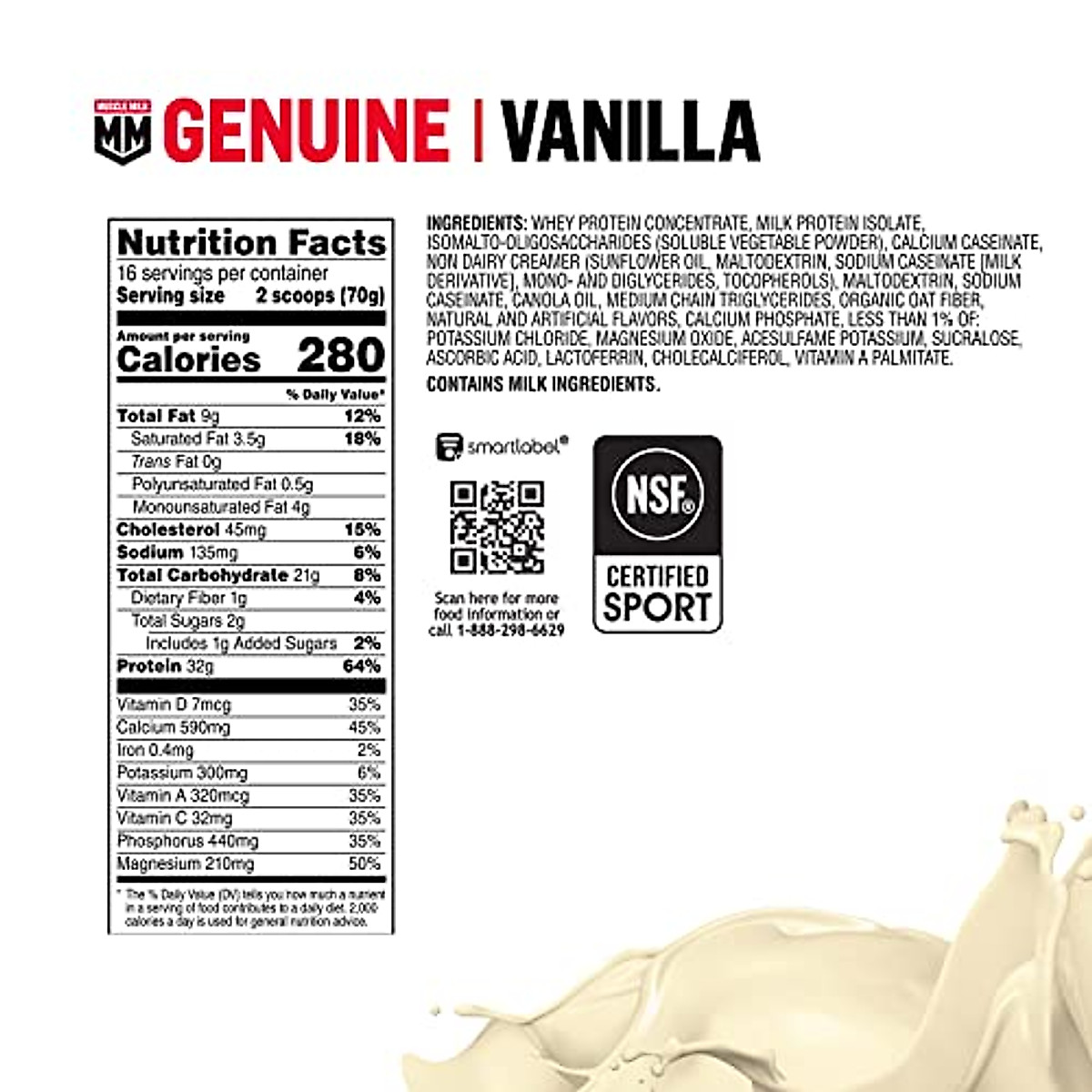 Muscle Milk Genuine Protein Powder, Vanilla Crème, 2.47 Pound, 16 Servings, 32g Protein, 2g Sugar, Calcium, Vitamins A, C & D, NSF Certified for Sport, Energizing Snack, Packaging May Vary