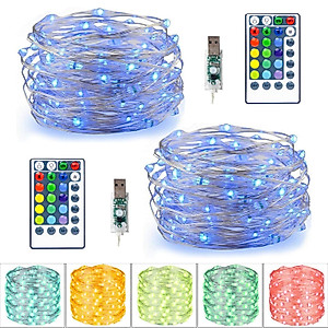 LiyuanQ Christmas LED String Lights, 2 Set Multi Color Changing Fairy Lights USB Plug-in Fairy String Lights Remote & Timer, 4 Modes Indoor Decorative Silver Wire Lights Party Xmas(16 Colors, 50 LEDs)