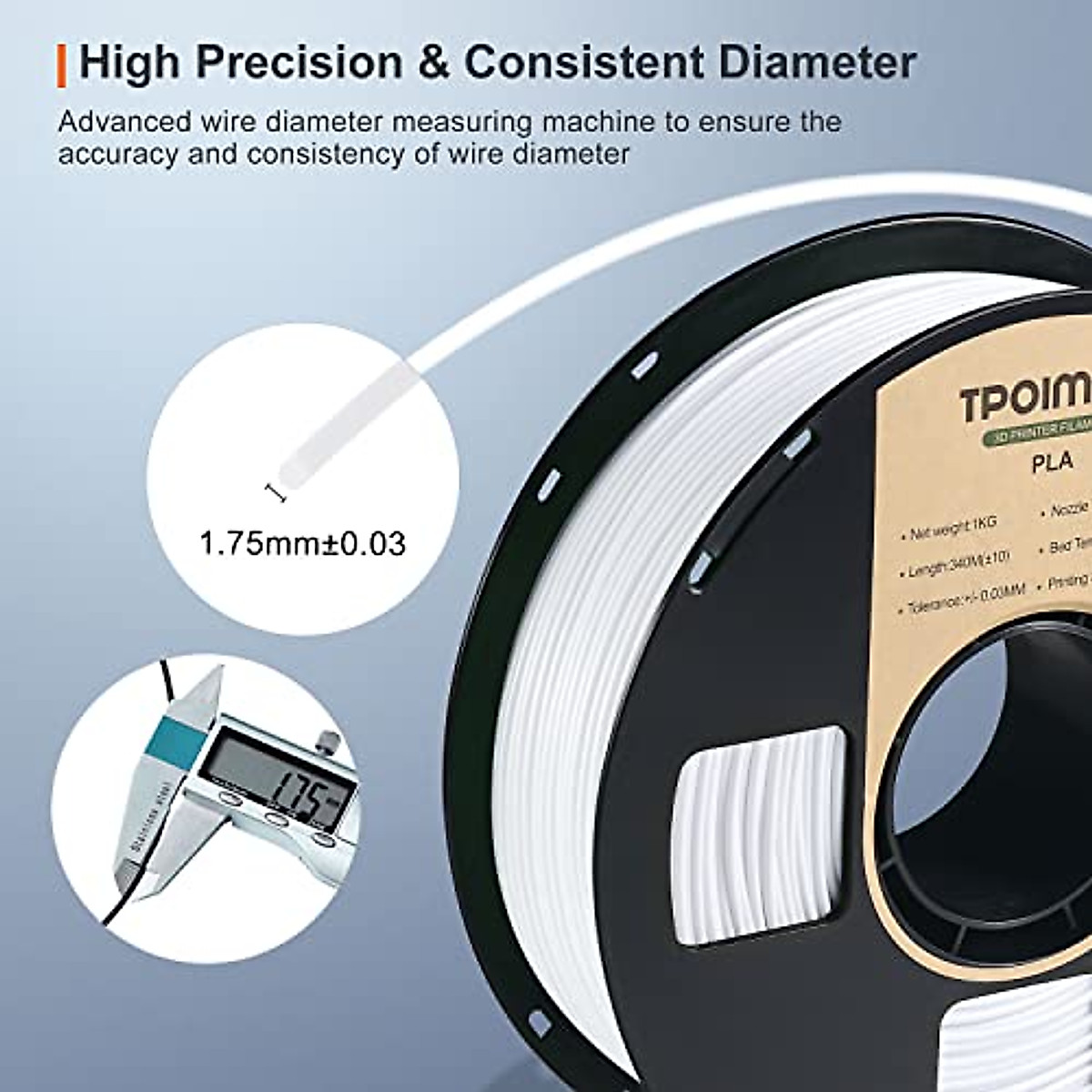 TPOIMNS PLA Filament 1.75mm, White PLA 3D Printer Filament, 1kg Spool (2.2lbs), Dimensional Accuracy +/- 0.03mm, Used by Most FDM 3D Printer