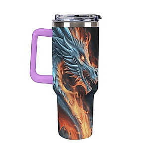 LLUTSNTH 40 Oz Vacuum Tumbler with Violet Handle Leakproof Insulated Tumbler Ice And Fire Dragons Stainless Steel Travel Mug with Lid And Straw Coffee Cup Cute Water Bottles Cup Holder Friendly