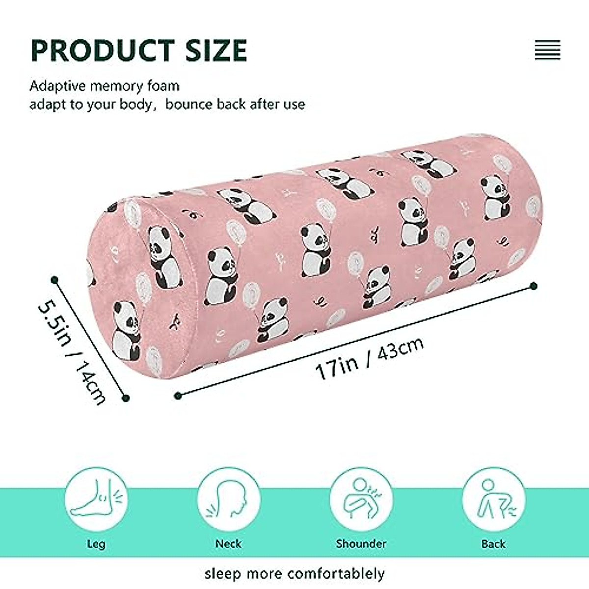 Vnurnrn Cute Pandas Neck Support Pillow Round Neck Roll Bolster Cylinder Pillow Cervical Pillows Back Pillow for Leg Knee Back Head Support for Bedroom Camp Work Women Men