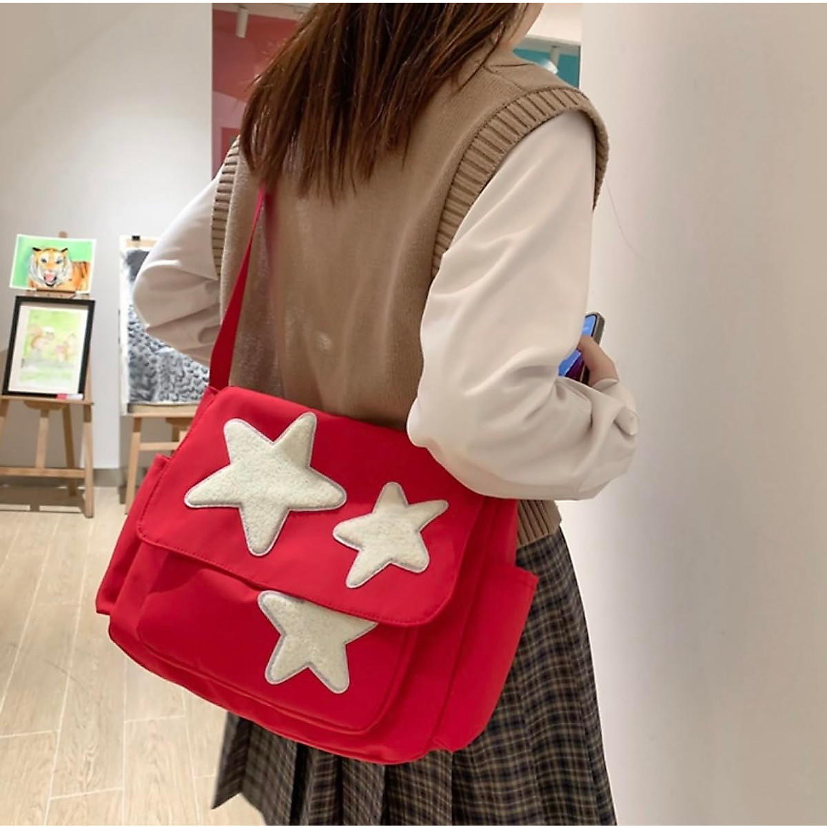Cute Messenger Bag for Women Men Canvas Crossbody Shoulder Bag with Side Pockets Large Laptop Bag Canvas Tote (Red)