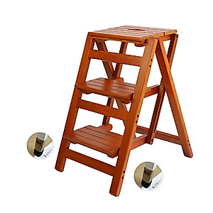 Step Ladder 3 Step Folding Kitchen, Office Wood Step Stools, Utility Multi-Functional 3 Tiers Portable Ladder Chair Seat with Non-Slip Foot Cover, Home Kitchen Bathroom Office Furniture,Brown,3 Step