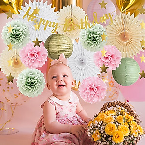 Sage Green and Pink Birthday Decorations White Paper Fans Lanterns Pink Cream Tissue Paper Pom Poms Sage Green Birthday Party Decorations with Happy Birthday Banner Gold Star Garland for Girls Women