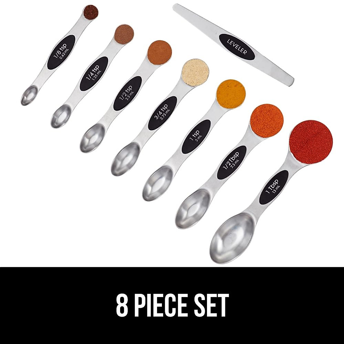 Gorilla Grip Magnetic Measuring Spoons 8 Piece Set, Stainless Steel Metal Cups, Dual Sided Nesting Design, Metric and US, Precise Teaspoon Measurements, Baking and Cooking Supplies, Gifts, Black