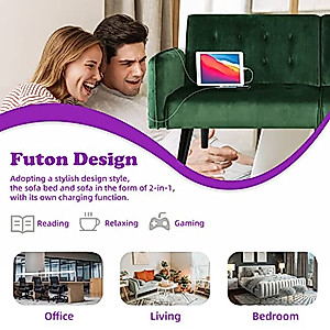 TYBOATLE 65" W Velvet Modern Convertible Folding Futon Couch Sofa Bed w/ 2 USB Charging Ports and arms, Loveseat for Compact Living Space, Dorm, Game Studio, Bonus Room, Apartment, Bedroom (Green)