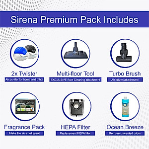 Sirena Bagless Vacuum Cleaner Premium Pack - Water Filtration Vacuum - Bonus 2 Twister Air Purifier, HEPA Filter and Turbo Brush - Wet Dry Vacuum - Hardwood Floor Sweeper and Pet Hair Cleaner