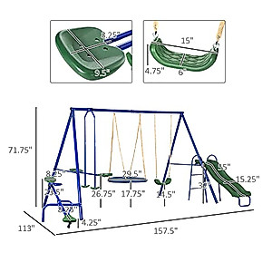 Outsunny 5-in-1 Kids Swing Set Backyard Playground Set with Saucer Swing, Outdoor Slide, Seesaw, Metal Swing Set Kids Outdoor Playset Playground Equipment Blue
