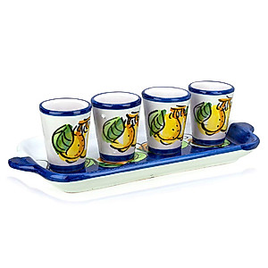PDTXCLS HEIQI Dolceterra Limoncello Ceramic Glasses and Ceramic Tray, Hand-Painted Set of 4