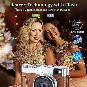 Upgraded 4K Digital Camera with SD Card Autofocus, 48MP Digital Camera with Flash Viewfinder & Dial, Vlogging Camera for Photography and Video Anti-Shake, Compact Travel Camera 16X Zoom (2 Batteries)