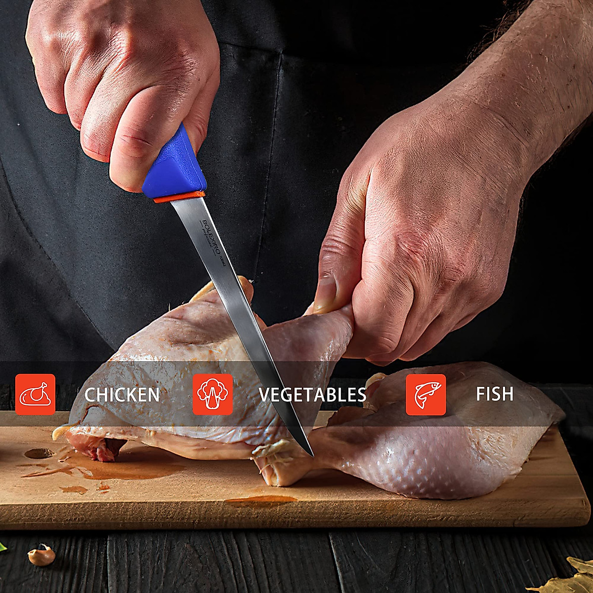 BOLEXINO 6 Inch Boning Knife, Flexible Straight Blade Processing Knife, Super Sharp Fillet Knife, German Stainless Steel Chef Knife W/Non-slip Softgrip, Prep Chicken & Fish with Ease (Blue)