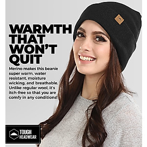 Tough Headwear Winter Beanie Knit Hat for Men & Women - Merino Wool Ribbed Cap - Warm & Soft Stylish Toboggan Skull Caps for Cold Weather - Basic - Black