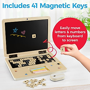 Wooden Computer Pretend Play Set - Pretend Laptop Toy for Kids, Toddlers - Montessori Learning Board for Kids (Ages 2-8) - 41 Magnetic Keys, Chalk Box, Portable Drawing & Writing Board | 11.5 x 8.5
