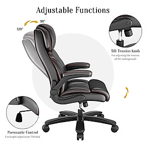 Executive Desk Chair, Sucrever Big and Tall Home Office Chairs for Heavy People 400lbs Wide Seat, High Back Large Executive Office Chair with Adjustable Flip up Arms, Black Leather Computer Desk Chair