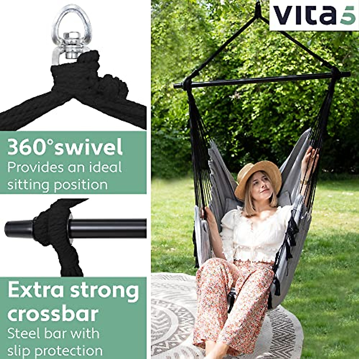 VITA5 Hanging Chair Outdoor & Indoor- Sturdy & Safe Hammock Chair - Stylish Boho Hanging Chair for Bedroom Decor - Easy to Assemble Hammock Swing - Comfy Padded Hanging Swing - Swinging Chair