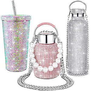 Irenare 3 Pieces Diamond Water Bottle Rhinestone Water Bottle Glitter Tumbler Thermal with Chain Bling Cups with Lids Rhinestones Stainless Steel Thermal for Women Girl, 25 oz, 25 oz, 17 oz
