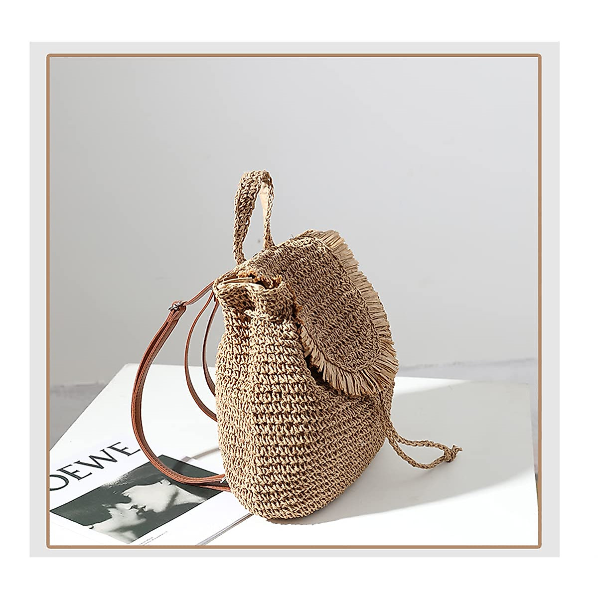 Erichman Women Fashion Straw Handmade Crochet Backpack Flap Drawstring Shoulders Bag Casual Beach Daypack (Brown,One Size)