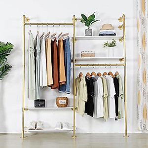 EDCB Gold Clothing Rack Heavy Duty Garment Rack with 4 Tier Shelves, Free-Standing Industrial Pipe Clothes Rack Display Rack On Wall for Hanging Clothes Retail Display, Boutiques