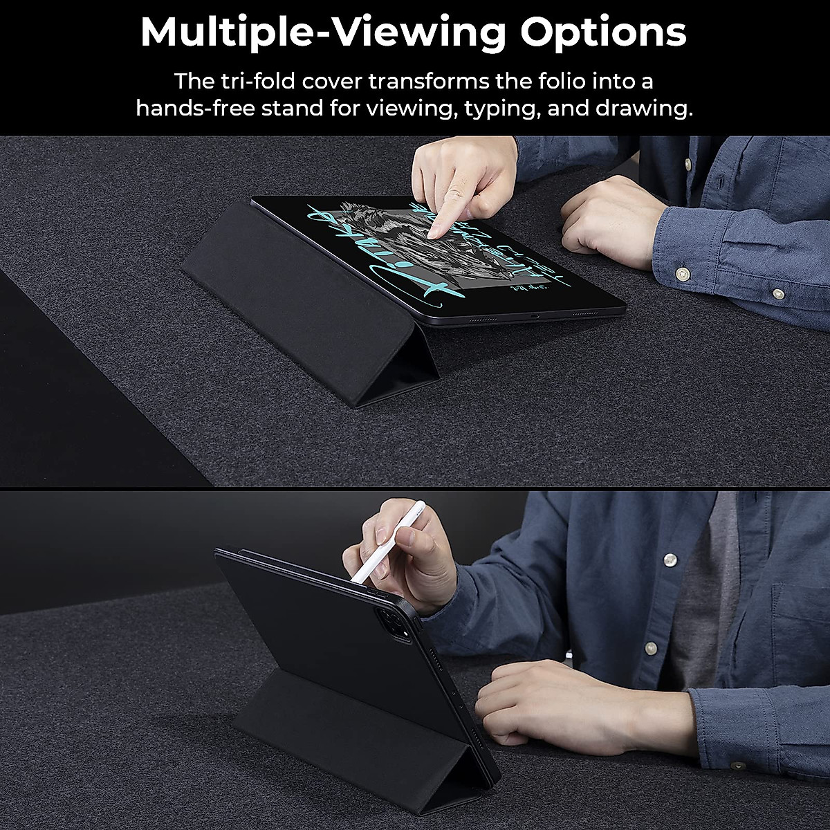 pitaka Magnetic Case & Folio for iPad Pro 12.9 6th/5th Generation 2022/2021 Slim Tri-Fold Stand with Auto Wake/Sleep Case Compatible with Magic Keyboard - Black