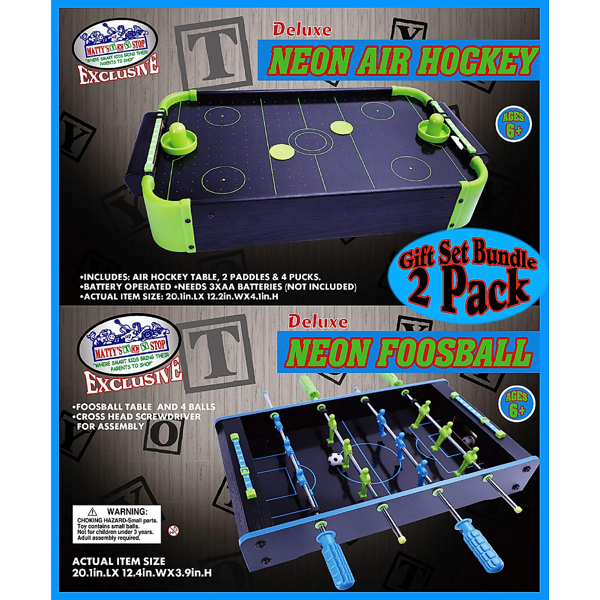 Matty's Toy Stop Deluxe 20" Wooden Tabletop NEON Air Hockey (Extra Pucks) & NEON Foosball (Soccer) (Extra Balls) Games Gift Set Bundle - 2 Pack