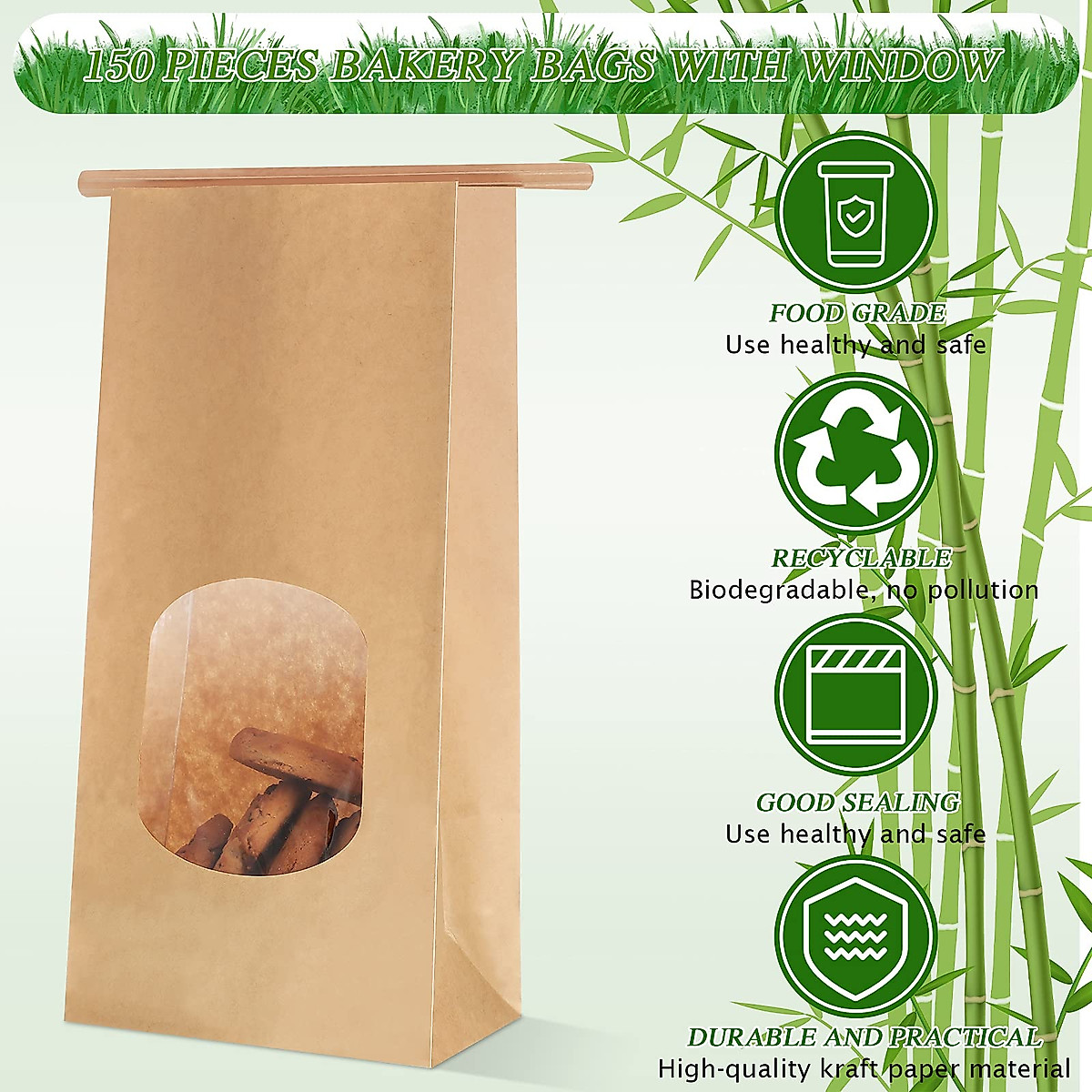Glenmal 150 Pieces Bakery Bags with Window Kraft Packaging Treat Bag Tin Tie Tab Lock Cookie Bread Paper Coffee Bean Storage for Food Crafts Container (3.54 x 2.36 6.7 Inch), brown