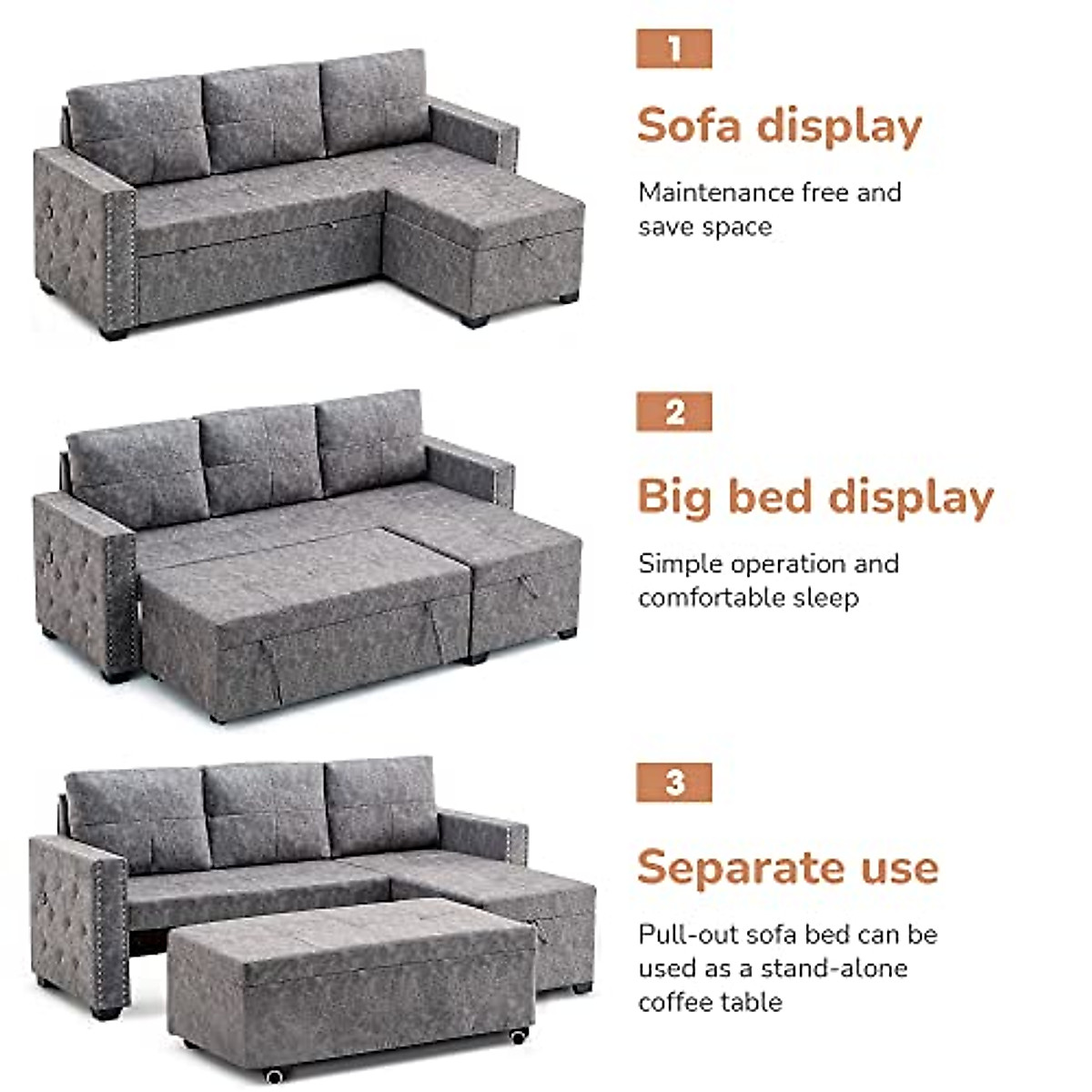 Lifeand Convertible Shaped 84" L 3-Seat Sectional Sofa with 2 USB Charger, Storage Chaise, Sleeper Independent Use as Coffee Table, Gray
