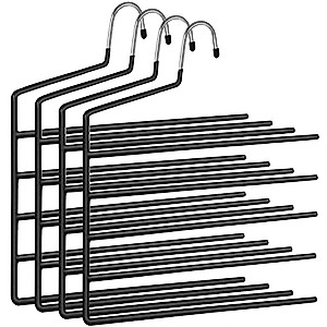 SONGMICS 5-Bar Pants Hangers, Pack of 4 Space-Saving Clothes Hangers, Closet Storage Organizer for Jeans Towels Scarves, Non-Slip Bars, Black UCRI034B02