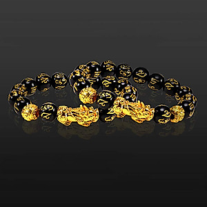EnjoIt 2Pcs 12mm Hand Carved Mantra Stone Feng Shui Elastic Bracelet Pi Xiu Bracelet Wealth Bracelet for Mens Womens C2239