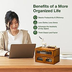 2-pc Stackable Storage Drawers - See-Through Glass Wooden Storage Cabinets - 2-Level Desktop Organizing Cabinet with 3 Drawers - Solid Wood Storage Box with Glass & Metal Handles…