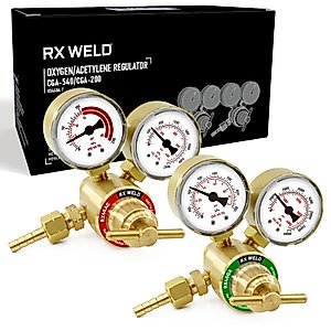 RX WELD Oxygen and Acetylene Regulators, CGA540 and CGA200, Compatible with V-Style Welding Gas Torch Cutting - T Handle