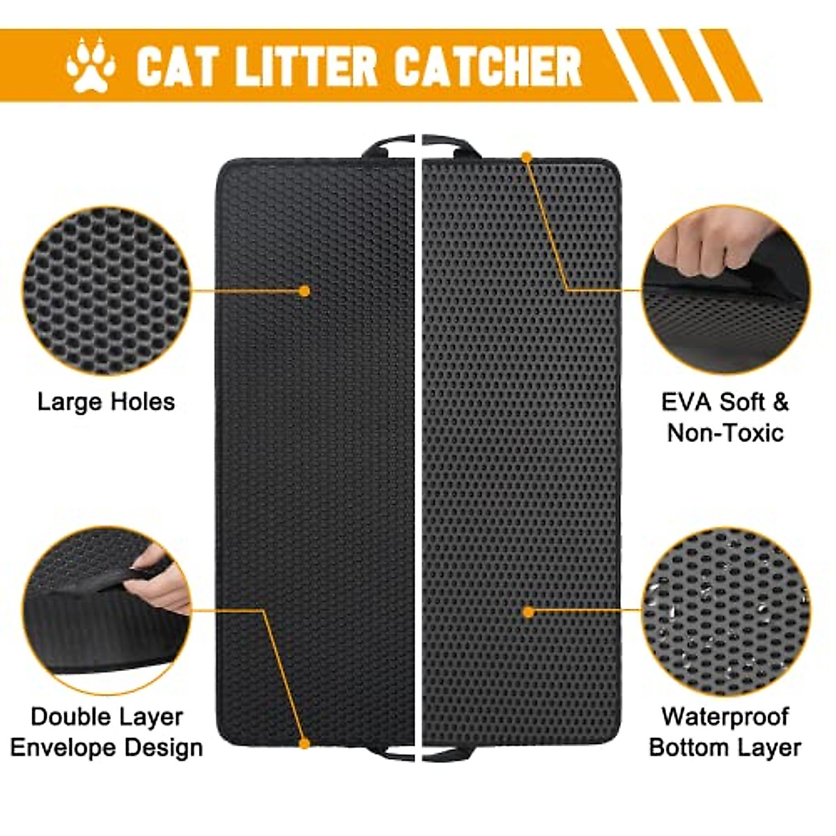 Cat Litter Mat Trapping Litter Box With Handles Honeycomb Double Layer Design - Super Size,Kitty Box Litter Mats for Floor Non-Slip Waterproof Urine Proof Easy Clean Scatter Control,22.5"x 29.6"