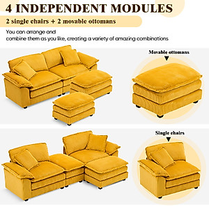 Chaise Longue Indoor with Movable Ottoman, 84.6" Modern Corduroy Loveseat Lounge Sofa Chair with Deep Seat, Upholstered L Shaped Modular Sectional Sofa Couches for Living Room, Apartment, Yellow