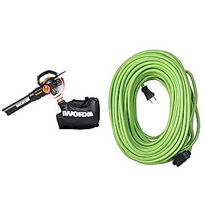 Worx 12 Amp TRIVAC 3-in-1 Electric Leaf Blower/Mulcher/Yard Vacuum - WG512 & Yard Master 9940010 Outdoor Garden 120-Foot Extension Cord Lime Green