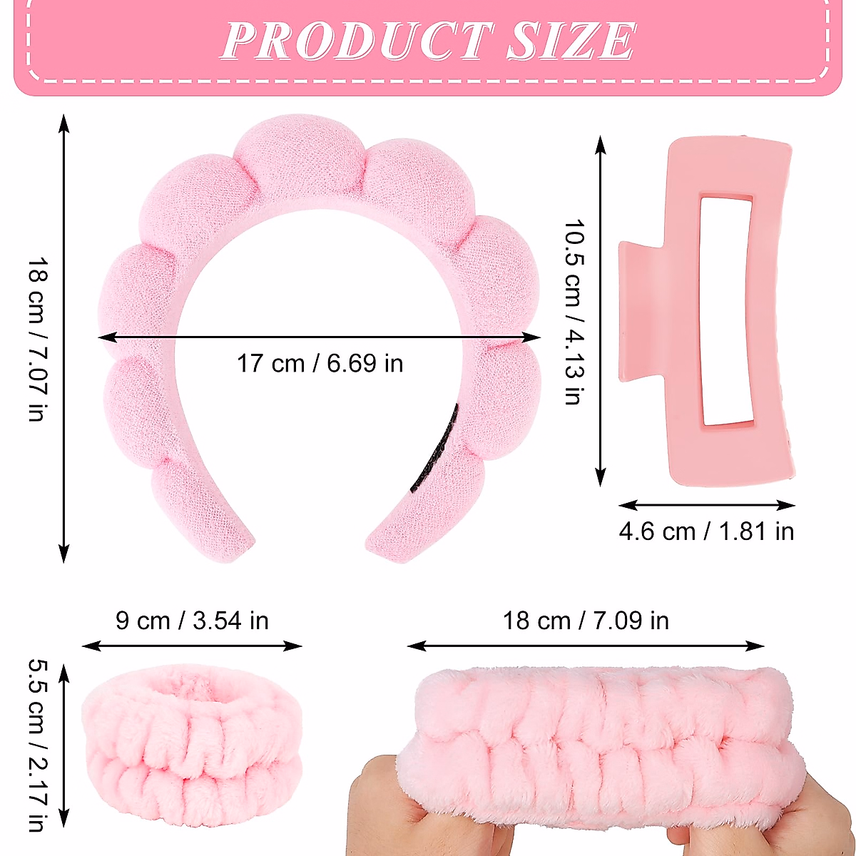 Wecoe Spa Headband Set - Skincare Headband, Hair Clips, Pink Puffy Makeup Headband, Scrunchies, and Wrist Towels For Women and Girls
