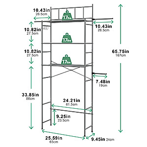 MallCreaty Over The Toilet Storage, 3 Tier Bathroom Organizer Shelf with X-Shaped Bar, Above Toilet Storage Rack with 4 Hooks, Grey