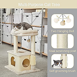 MECOOL Cat Tree,Scratching Posts with Condos Cats Tower Beds and Dangling Ball Toys,Massage Brush 5in1 Multi-Purpose for Indoor Kittens and Cats(Beige)