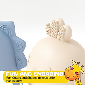 Baby Teether Pack of 2 Wearable Teether Toy Hand Teether - Little Chick and Mini Dino - Blue Baby Toy and Beige Baby Toys by Muqee Peeko Silicone Baby Teether