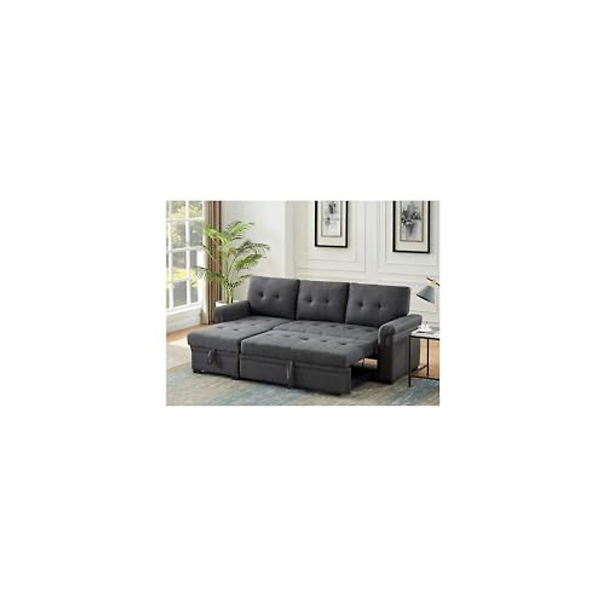 Maykoosh Lakeside Living Linen Cotton Upholstery Fabric Reversible 3 Seating Sectional Sleeper Sofa Chaise with Storage - 86" D x 54" W x 35" H Steel Gray