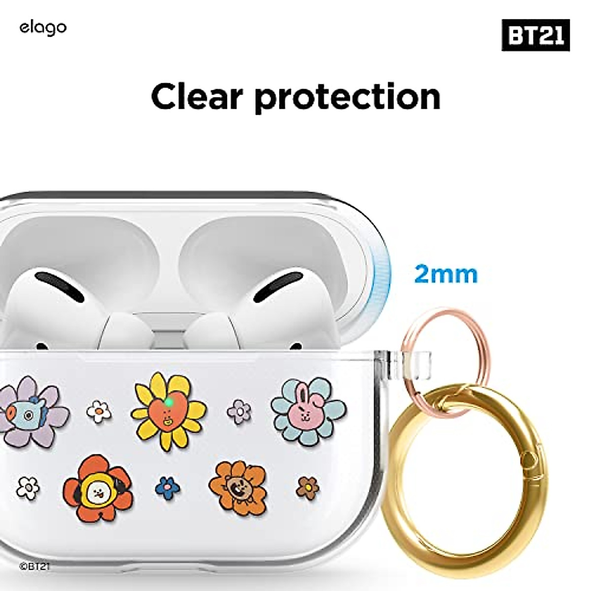 elago l BT21 Flower Clear Case Compatible with Apple AirPods Pro, Durable TPU Material, Reduced Yellowing, Clear Protection, Supports Wireless Charging [Official Merchandise] (Flower Garden)