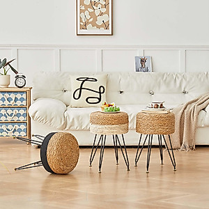 ALeesing Makeup Vanity Stool, Hand Weave Natural Seagrass Footstool Ottoman, Foot Rest Dressing Stool with Metal Leg, Modern Multifunctional Vanity Stools Chair, White