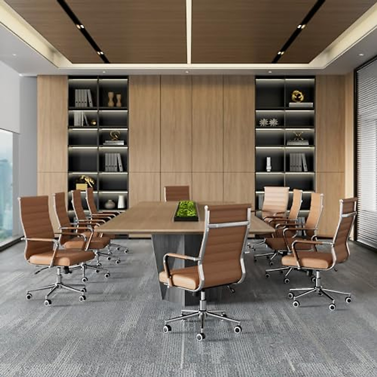 Okeysen Office Desk Chair, Ergonomic Leather Modern Conference Room Chairs, Executive Ribbed Height Adjustable Swivel Rolling Chair for Home Office. (Brown)