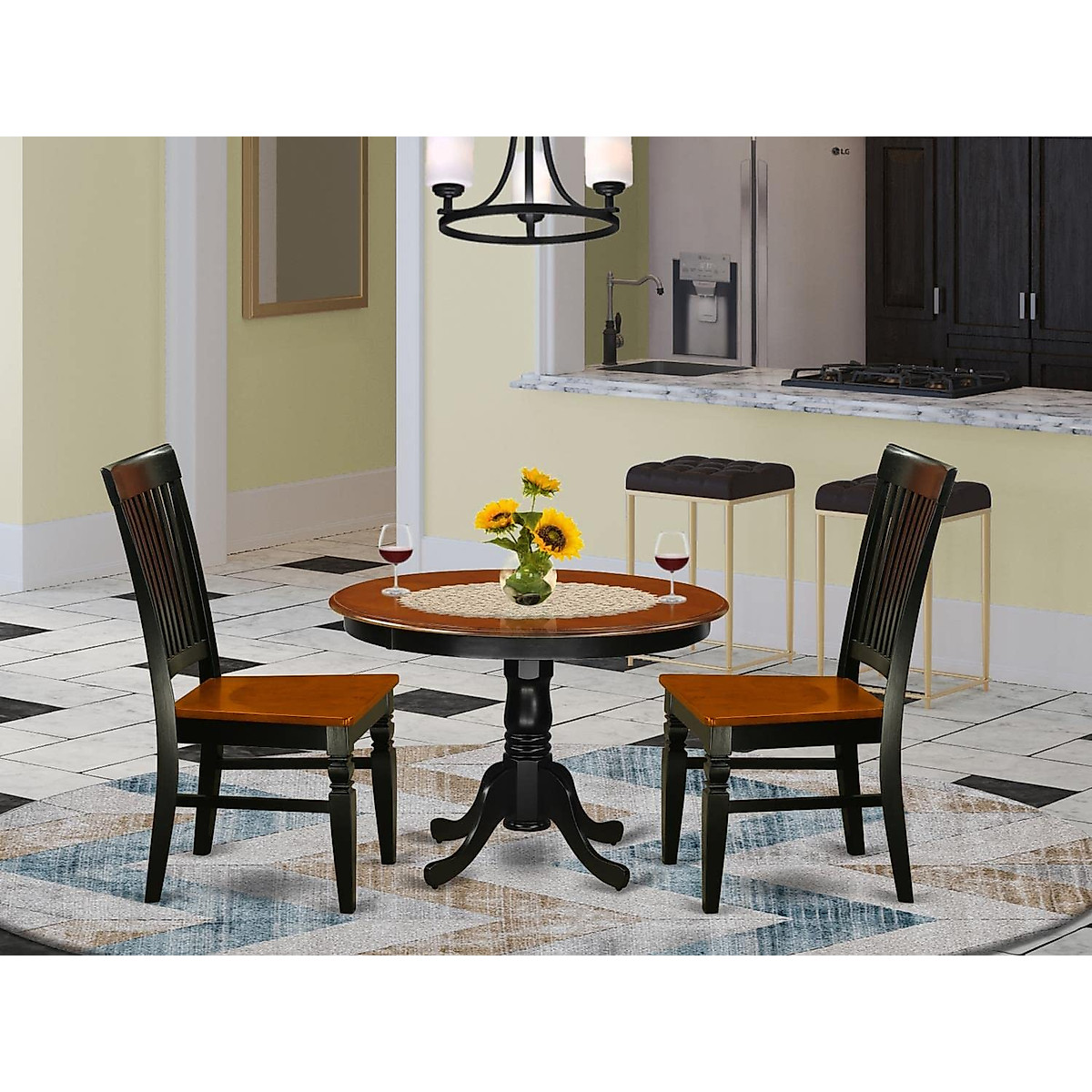East West Furniture HLWE3-BCH-W 3 Piece Dining Room Table Set Contains a Round Kitchen Table with Pedestal and 2 Dining Chairs, 42x42 Inch, Black & Cherry
