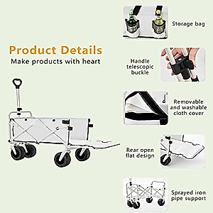 Back Open Folding Garden Utility Wagon With Table, Collapsible Outdoor Small Grocery Carts, 551Lbs Weight Capacity For Shopping & Storage, With 360 Degree Swivel Wheel,White