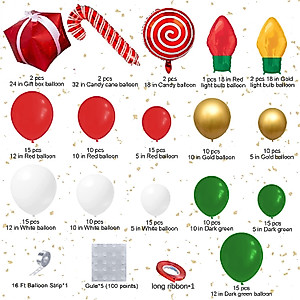 DBKL Balloons 152Pcs Garland Kit for Christmas, Red, White, Green, Gold, Candy Cane, Gift Box, Light Bulb Foil Balloons, Decorations, Party Supplies