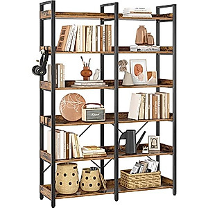 Seventable Bookshelf 6 Tier with 4 Hooks, 69” Industrial Wooden Bookcase, Vintage Storage Rack with Open Shelves, Rustic Standing Bookshelves Metal Frame 47.3” Wide Display Rack, Rustic Brown