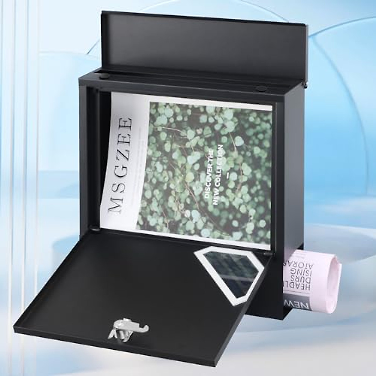 xydled Wall Mounted Mailbox with Lock,Secure Locking Mailbox for Outside, Large Steel Hanging Mailbox Modern Lockable Wall Mailbox for Residential with View Window, 12.8 x 12 x 3.54Inches,Black