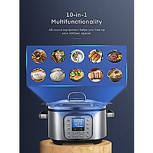 Slow Cooker, HOUSNAT 10 in 1 Programmable Cooker, 6Qt Stainless Steel, Rice Cooker, Yogurt Maker, Delay Start, Steaming Rack and Glass Lid, Adjustable Temp&Time for Slow Cook with Digital Timer